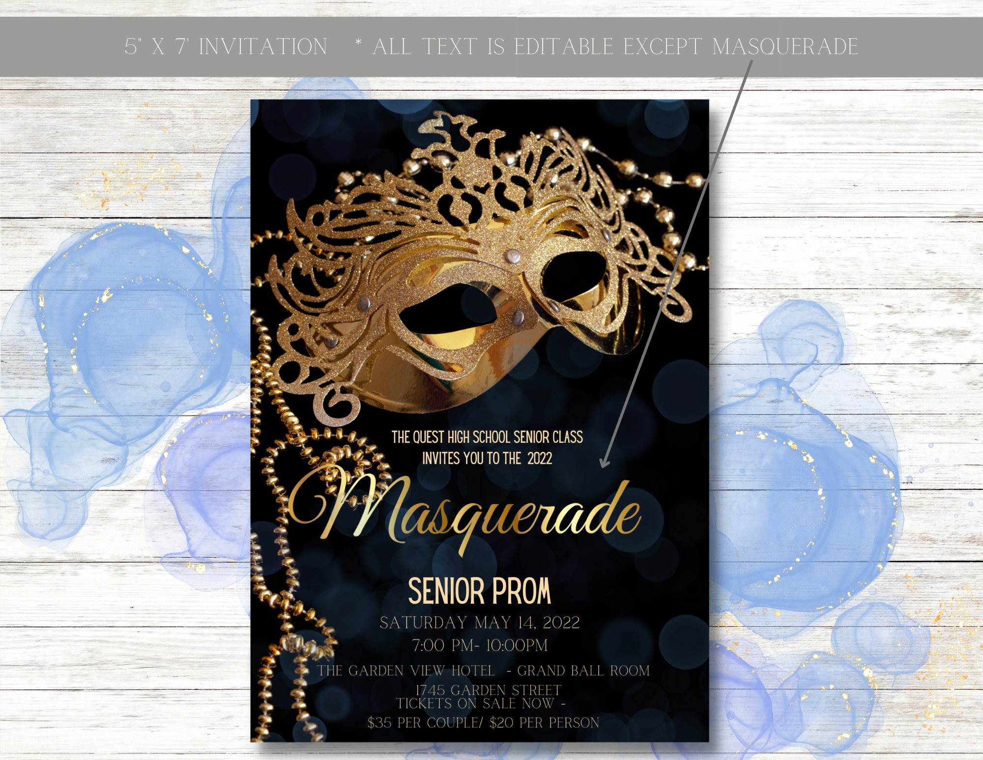 Blue and Gold Masquerade Dance Set, Editable, Prom, School Dance ...