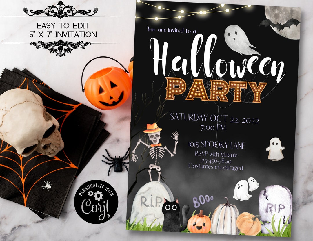 Halloween Party Invitation Ghost, Graveyard, Kids ,editable Using Corjl ...