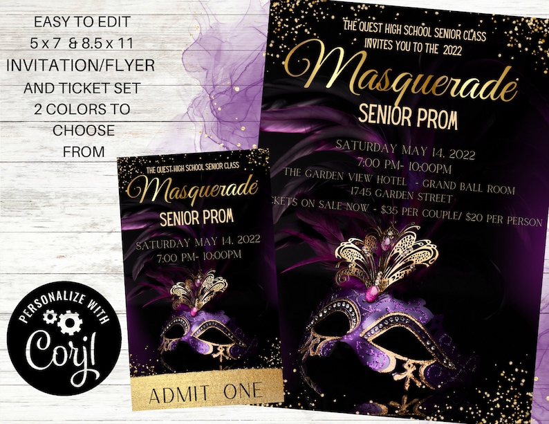 Masquerade Dance Set, Editable, Prom, School Dance, Invitation, Ticket ...