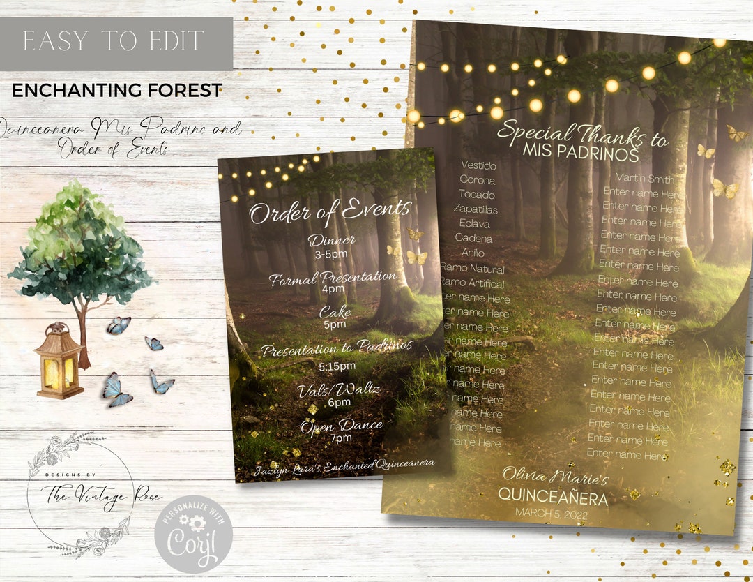 Enchanting Forest Quinceanera Mis Padrinos, Order of Events, Editable ...