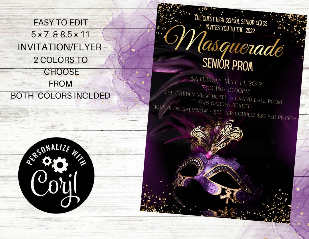 Masquerade Invitation, Editable, Birthday Party, Prom, School Dance ...