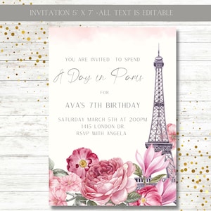 Paris Invitation, French, Birthday Invitation, Parisian Pink Flowers ...