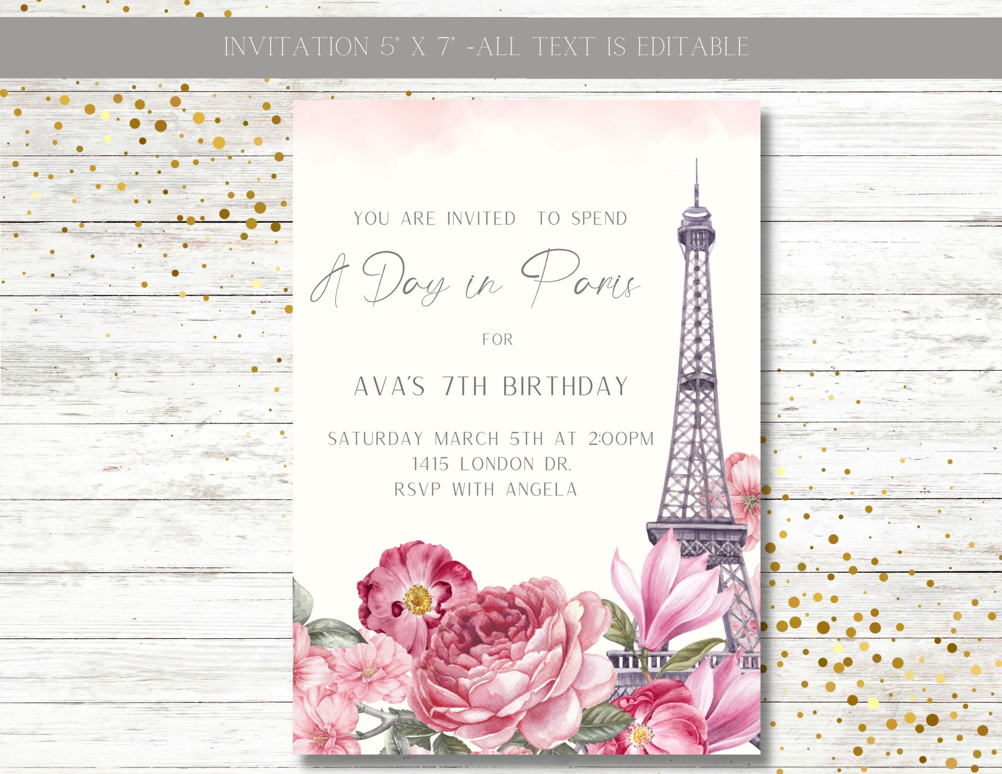Paris Invitation, French, Birthday Invitation, Parisian Pink Flowers ...