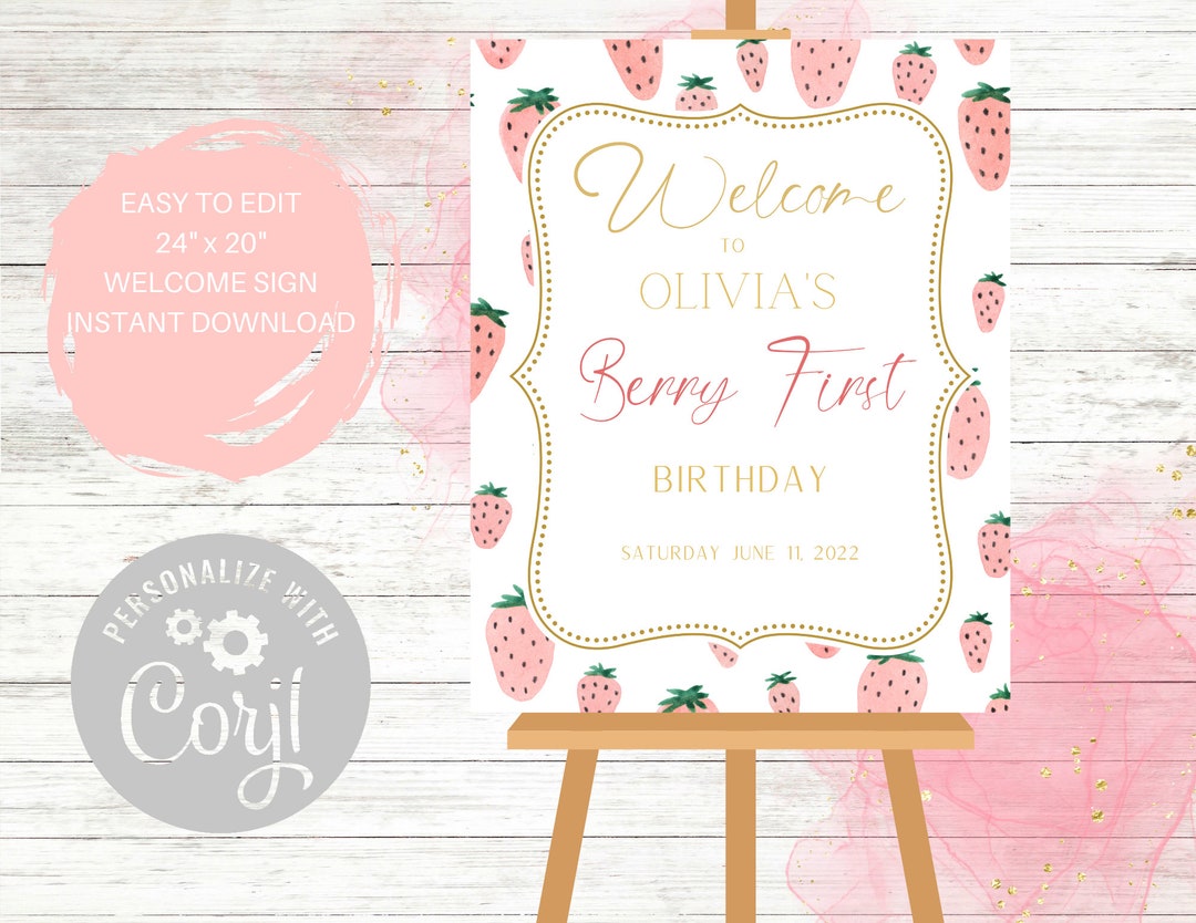 Berry First Birthday Welcome Sign, Berry Sweet, First Birthday ...