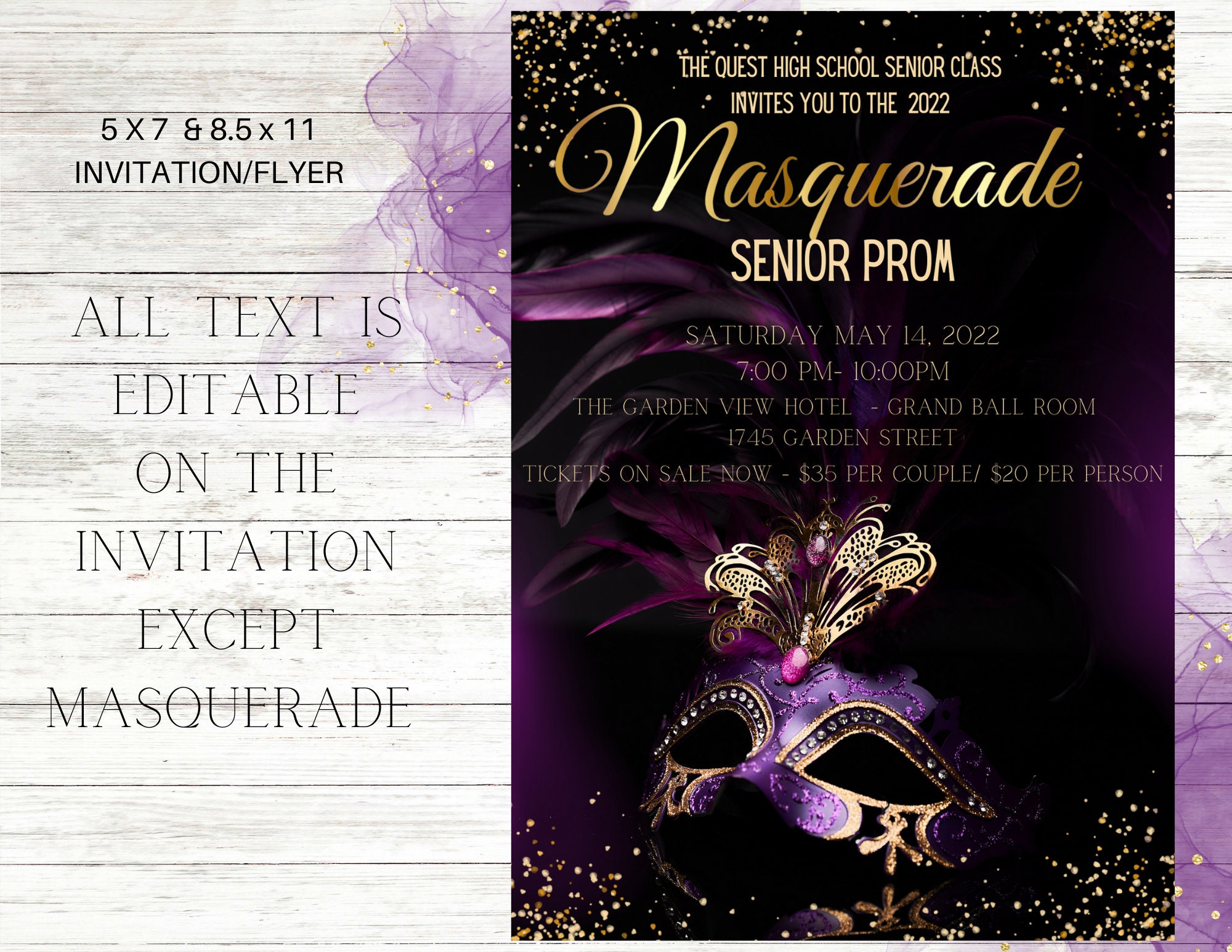 Masquerade Invitation, Editable, Birthday Party, Prom, School Dance ...