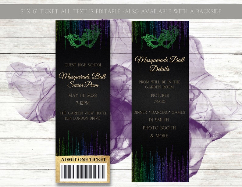 Glitter Masquerade Invitation & Ticket Set, Editable, Flyer, Save the ...