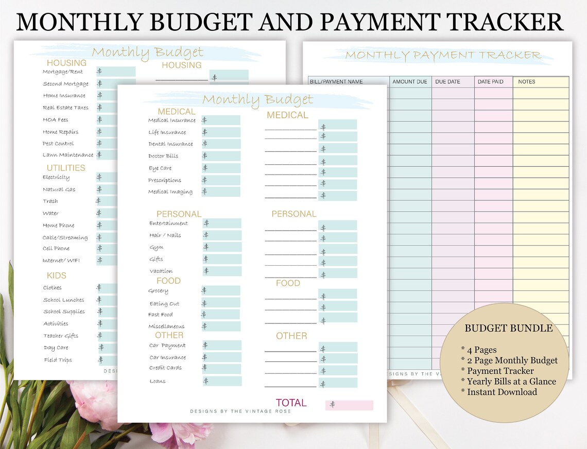 Monthly Budget, Monthly Payment Tracker, Yearly Bills at a Glance, Bill ...