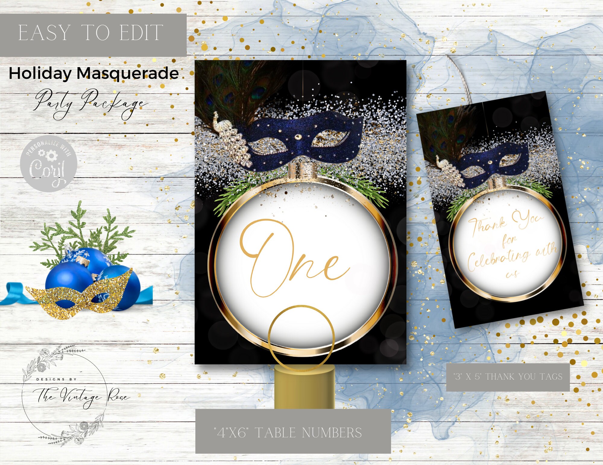 Holiday Masquerade, Editable Birthday, Table Numbers, Thank You Tags ...