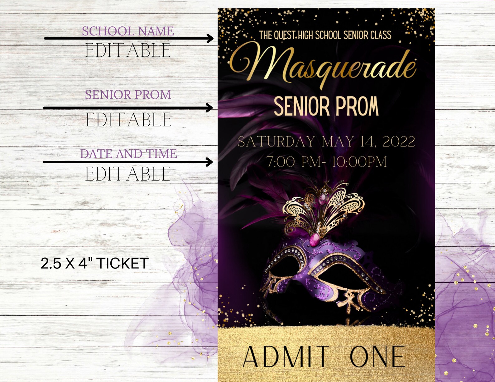 Masquerade Dance Set, Editable, Prom, School Dance, Invitation, Ticket ...