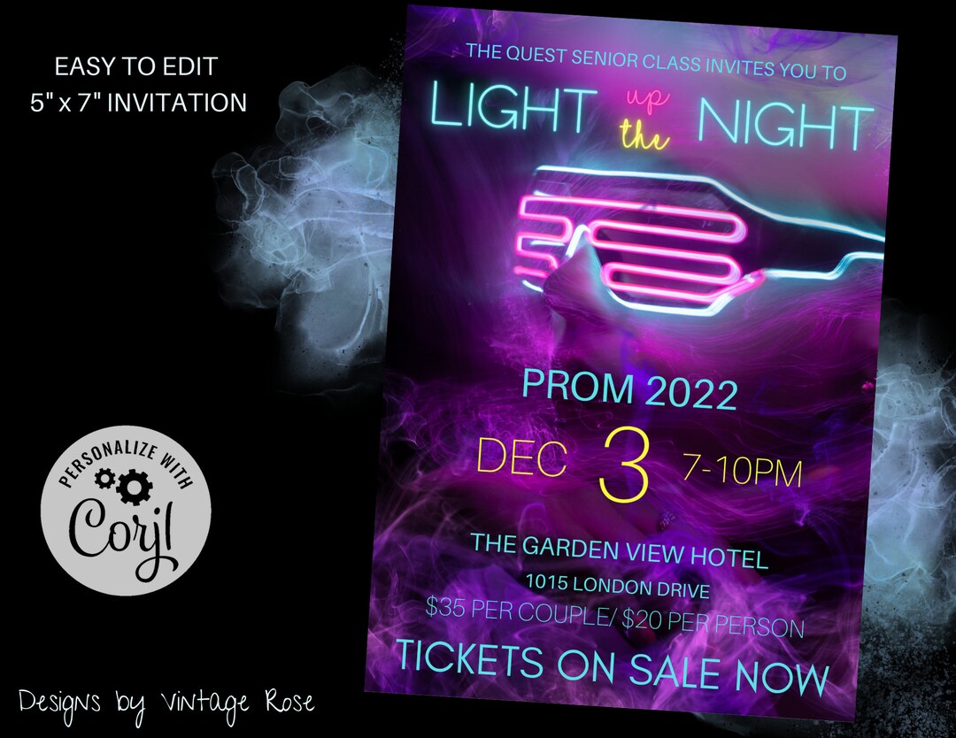 Light up the Night Invitation, Glow Party, Prom, Homecoming, School ...
