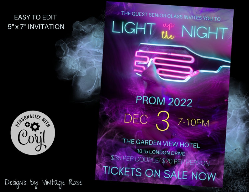Light up the Night Invitation, Glow Party, Prom, Homecoming, School ...