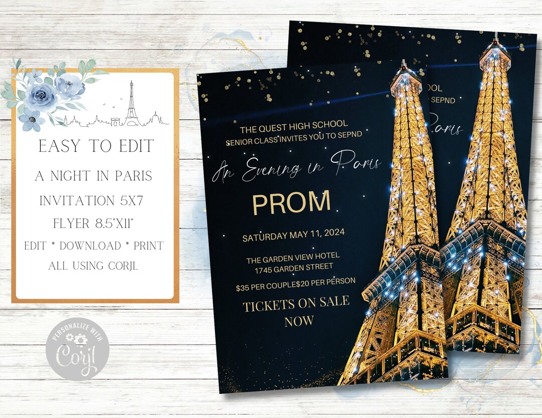 A Night in Paris Invitation and Flyer Set, Prom, Homecoming, School ...