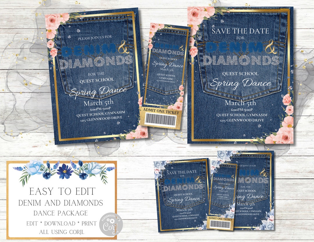 Denim and Diamonds Invitation Package, Prom, School Dance, Father ...