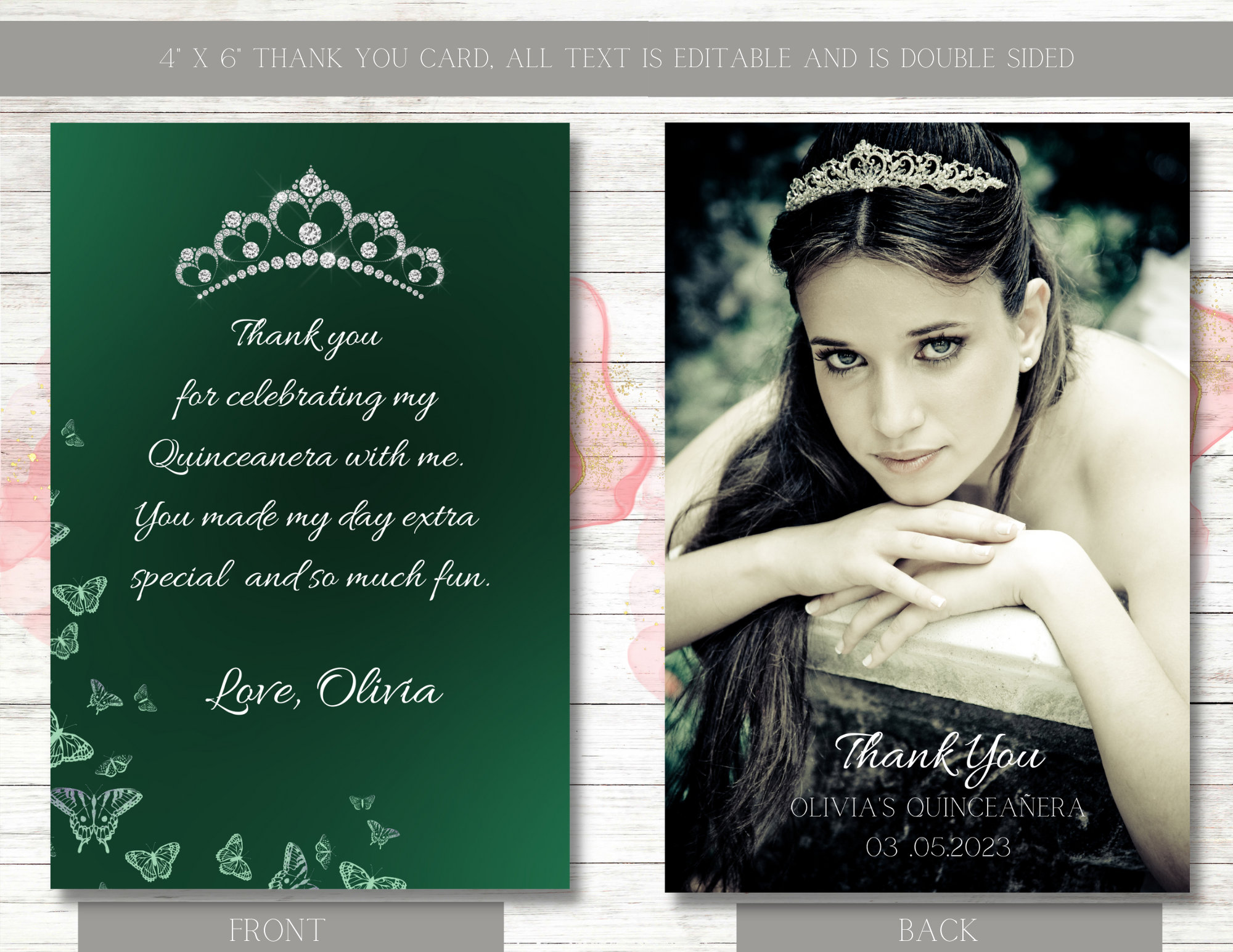 Green Quinceanera Photo Thank You Card Set Editable Thank - Etsy