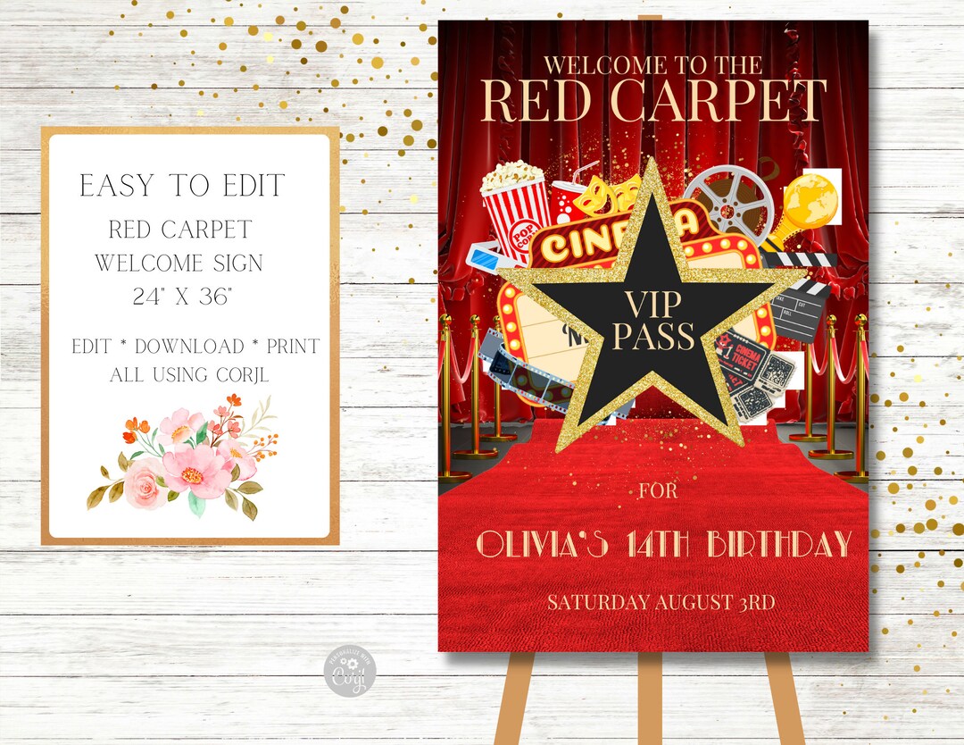 Red Carpet Welcome Sign, Poster, Movie Night, VIP Pass, Hollywood ...