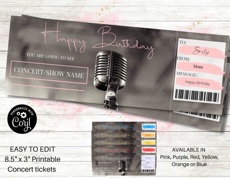Printable Concert Ticket, Happy Birthday Concert Ticket/ Show Ticket ...