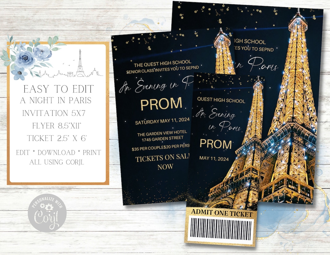 A Night in Paris Invitation, Flyer and Ticket Set, Prom, Homecoming ...