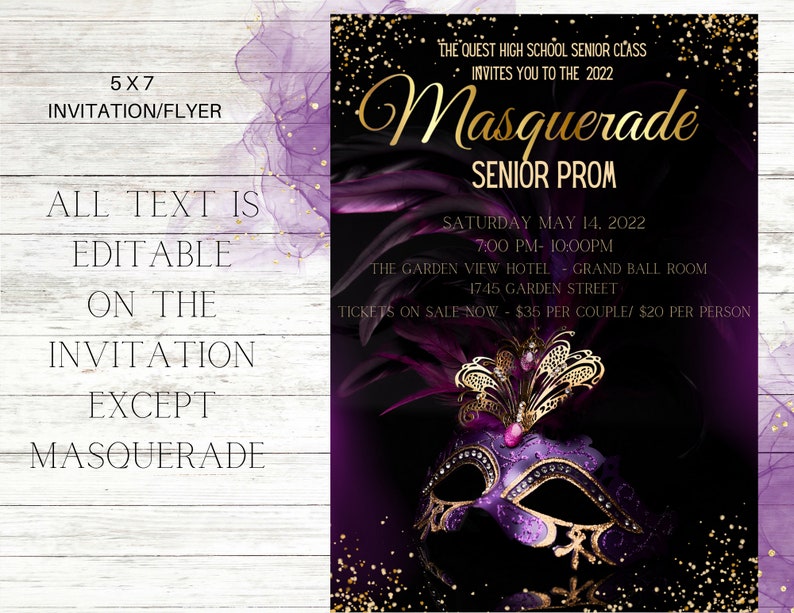 Masquerade Dance Set, Editable, Prom, School Dance, Invitation, Ticket ...
