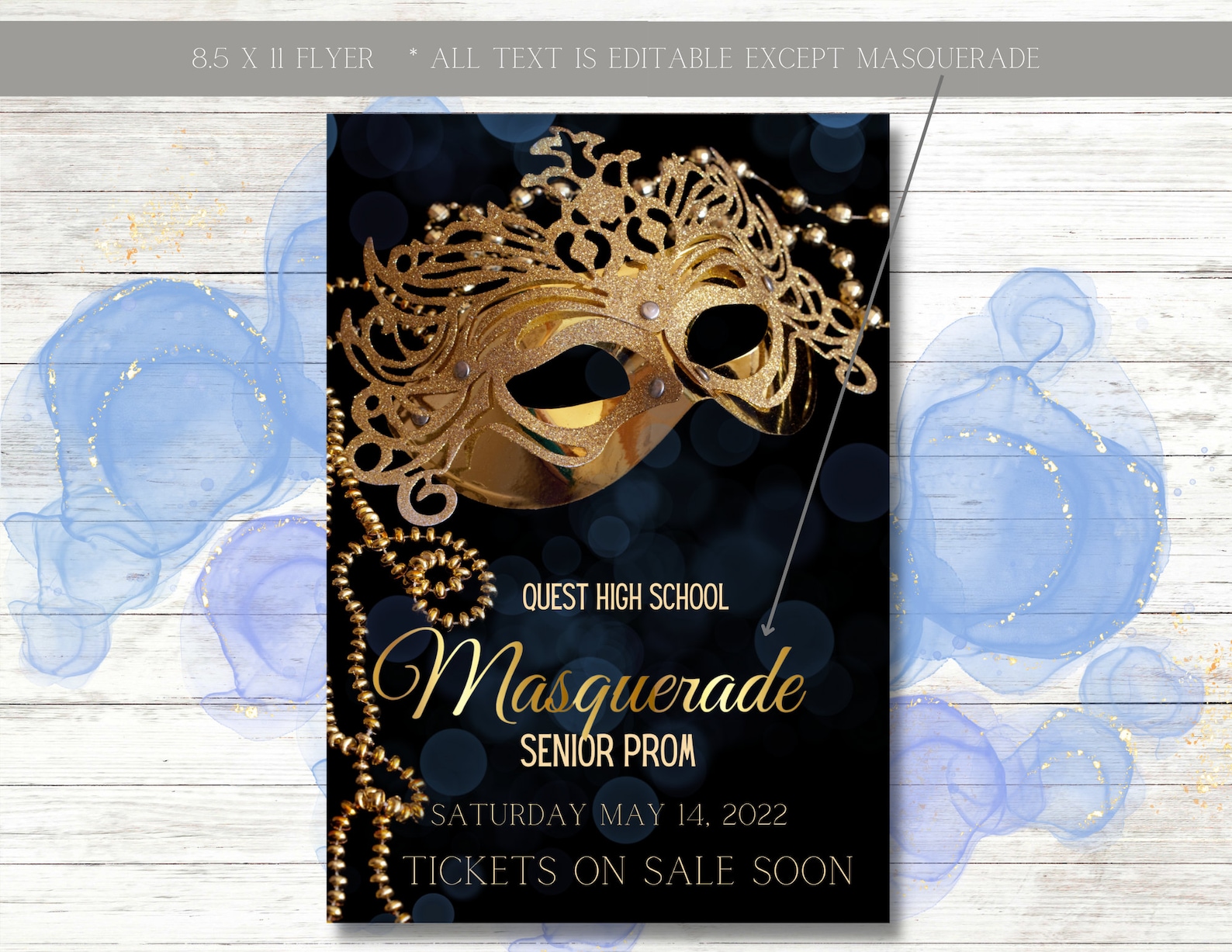Blue and Gold Masquerade Dance Set, Editable, Prom, School Dance ...