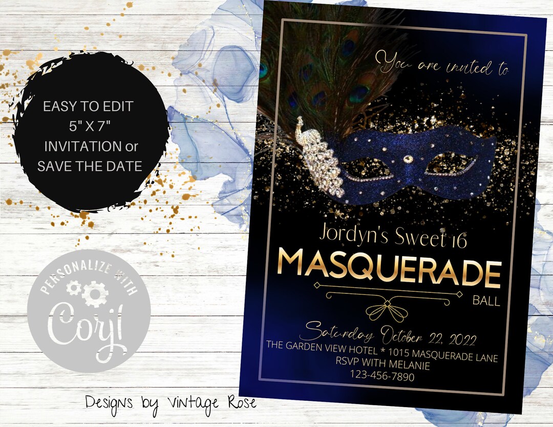 Masquerade Ball Invitation, Save the Date, Peacock Feathers, Royal Blue ...