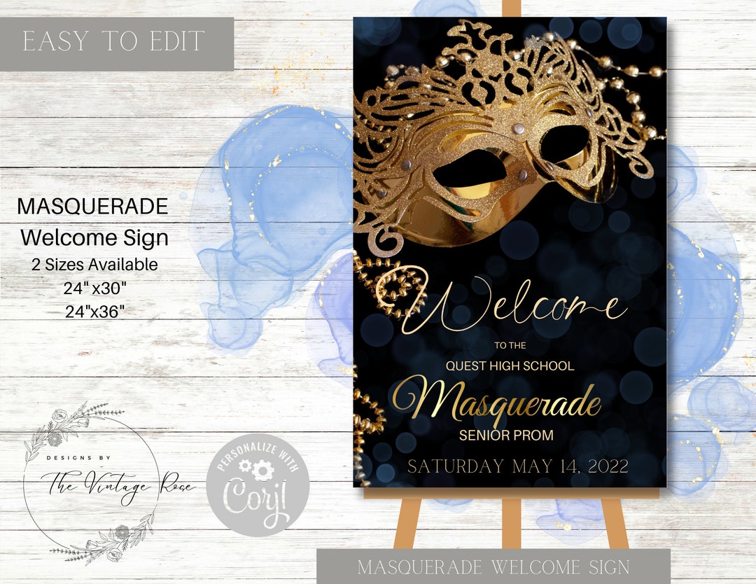 Blue and Gold Masquerade Dance Welcome Sign Poster, Editable, Birthday ...