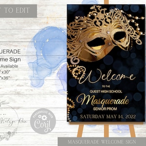 Blue and Gold Masquerade Dance Welcome Sign Poster, Editable, Birthday ...
