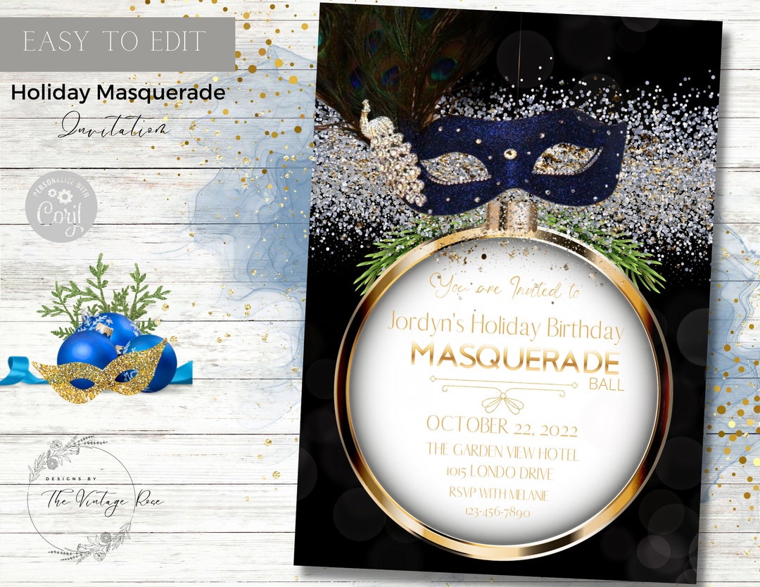 Holiday Masquerade Invitation, Editable Birthday, Prom, Homecoming ...
