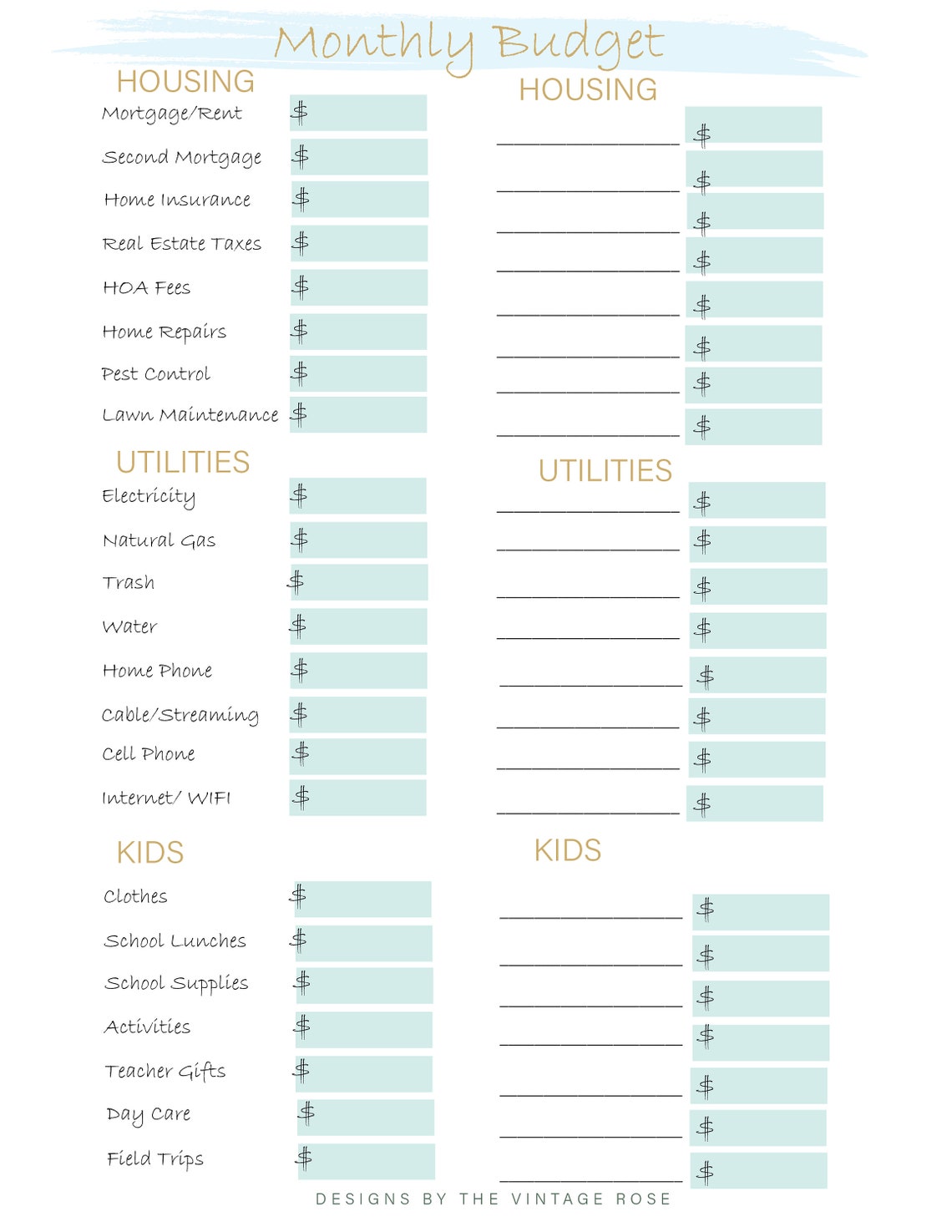 Monthly Budget, Monthly Payment Tracker, Yearly Bills at a Glance, Bill ...