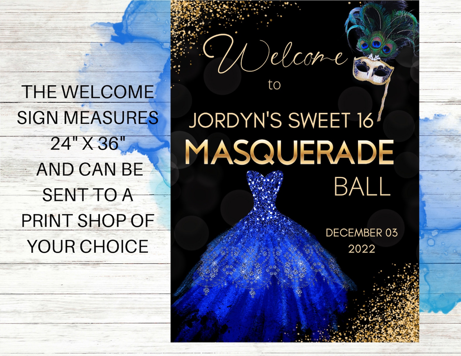 Masquerade Ball Welcome Sign, Editable, Blue Gown, Mask, Peacock ...