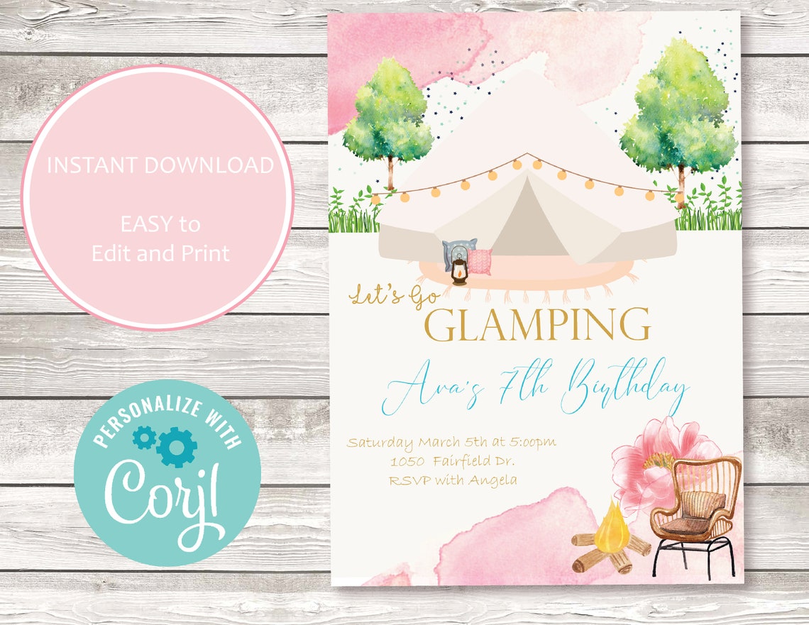 Let's Go Glamping Birthday Invitation Editable Glamping - Etsy