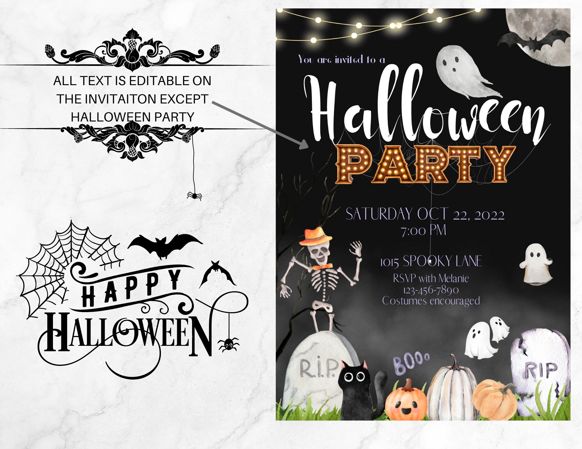 Halloween Party Invitation Ghost, Graveyard, Kids ,editable Using Corjl ...