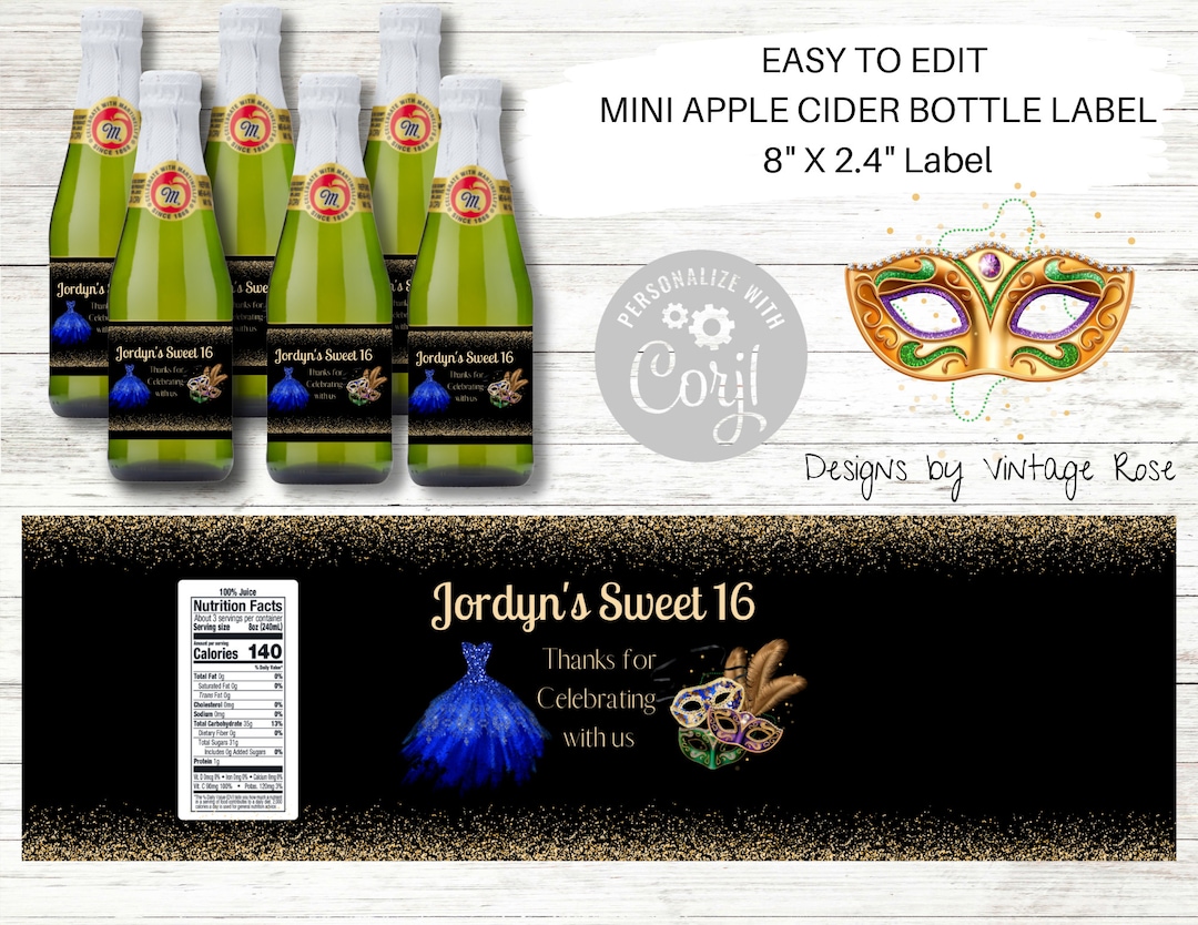 Masquerade Mini Apple Cider 8.4fl Oz Bottle Labels, Masquerade Party ...