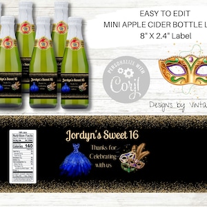 Masquerade Mini Apple Cider 8.4fl Oz Bottle Labels, Masquerade Party ...