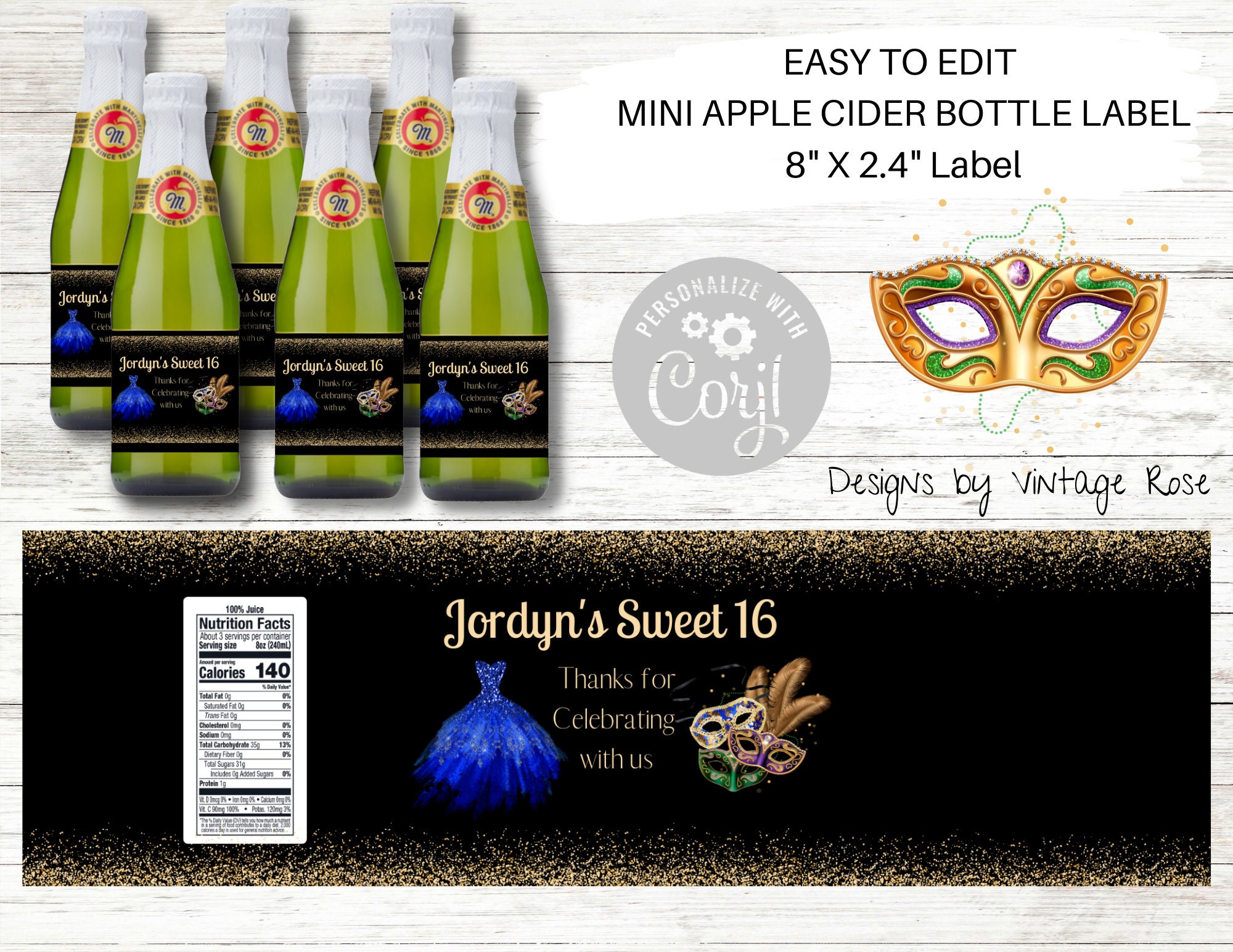 Masquerade Mini Apple Cider 8.4fl Oz Bottle Labels, Masquerade Party ...
