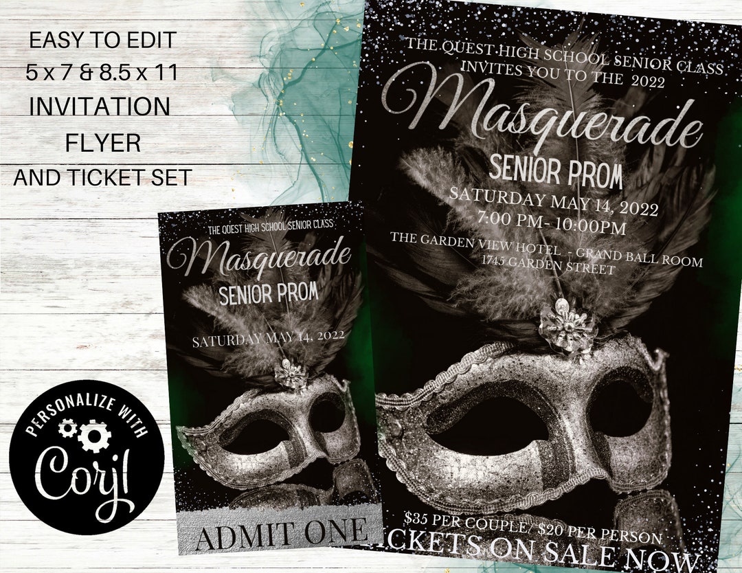 Masquerade Dance Set, Editable, Prom, School Dance, Invitation, Ticket ...