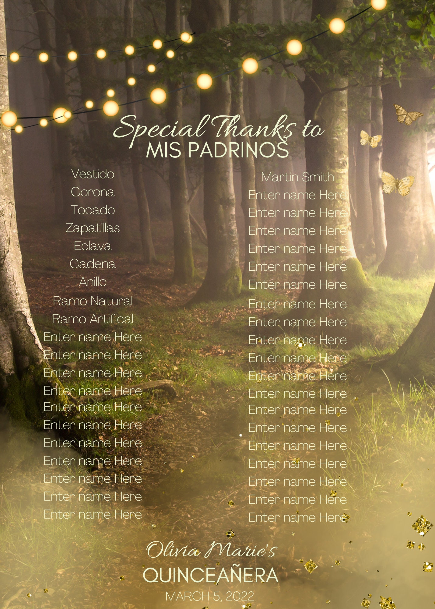 Enchanting Forest Quinceanera Mis Padrinos, Order of Events, Editable ...