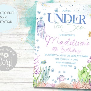 Under the Sea Invitation, Editable, Watercolor, Summer Birthday, Girl ...