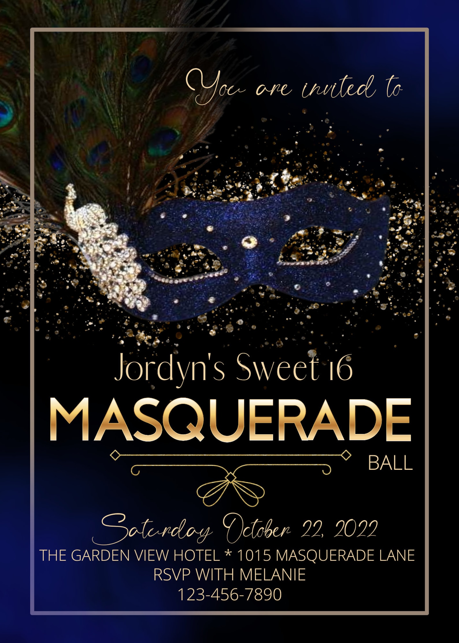 Masquerade Ball Invitation, Save the Date, Peacock Feathers, Royal Blue ...