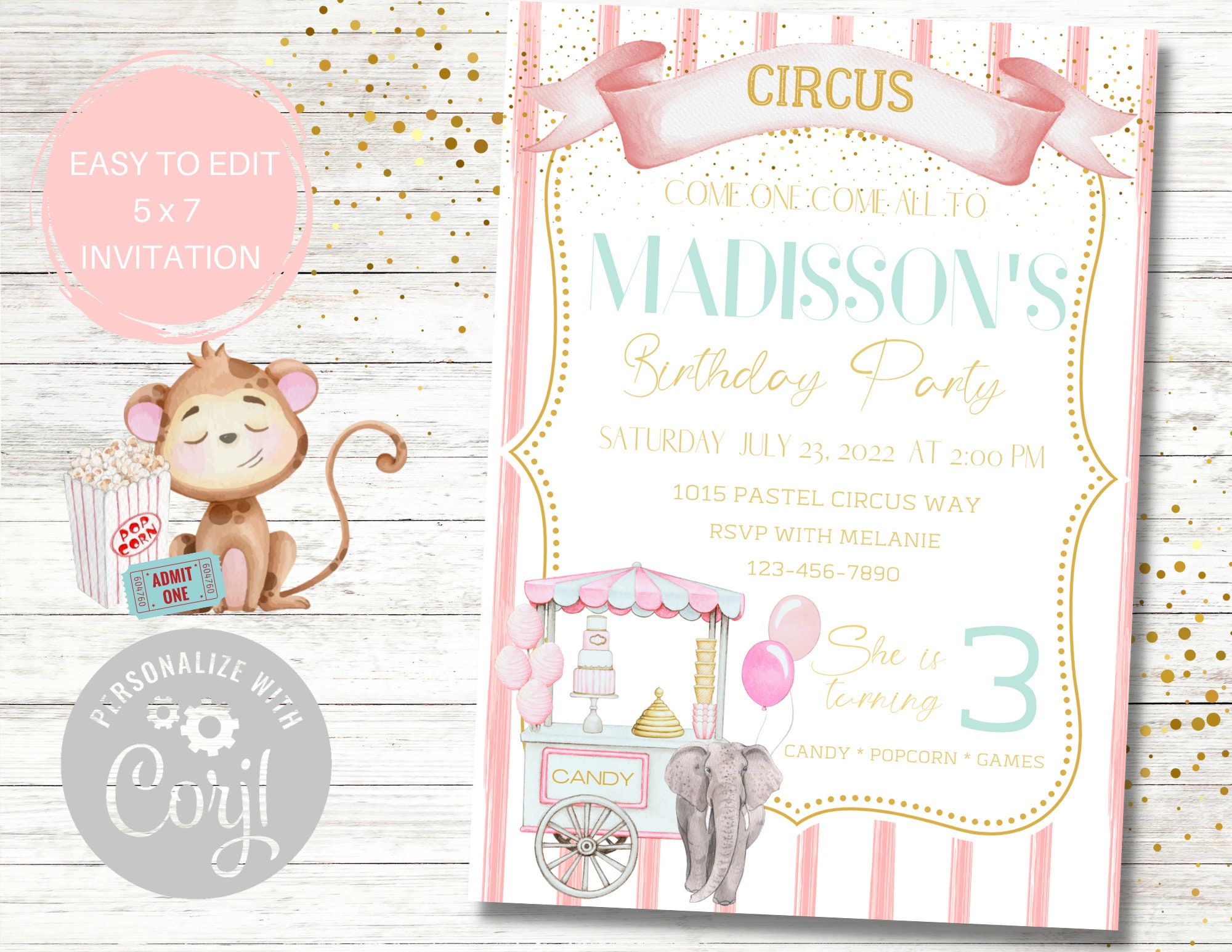 Pastel Circus Birthday Invitation Editable Carnival Girls - Etsy