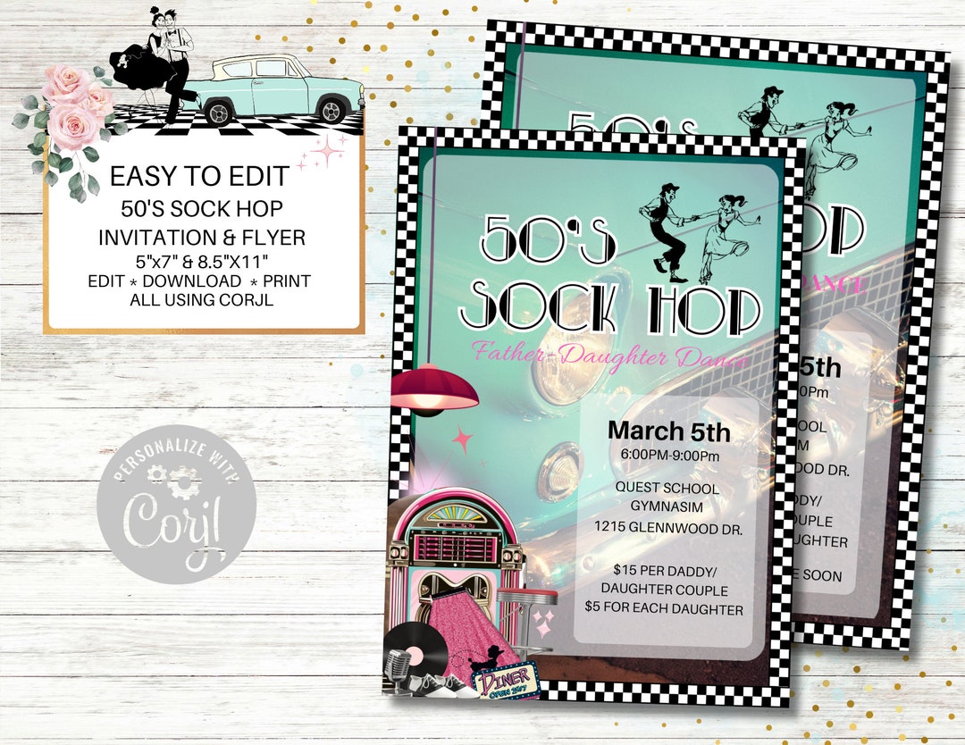50's Sock Hop Invitation Set, School Dance, Father-daughter Dance, Prom ...