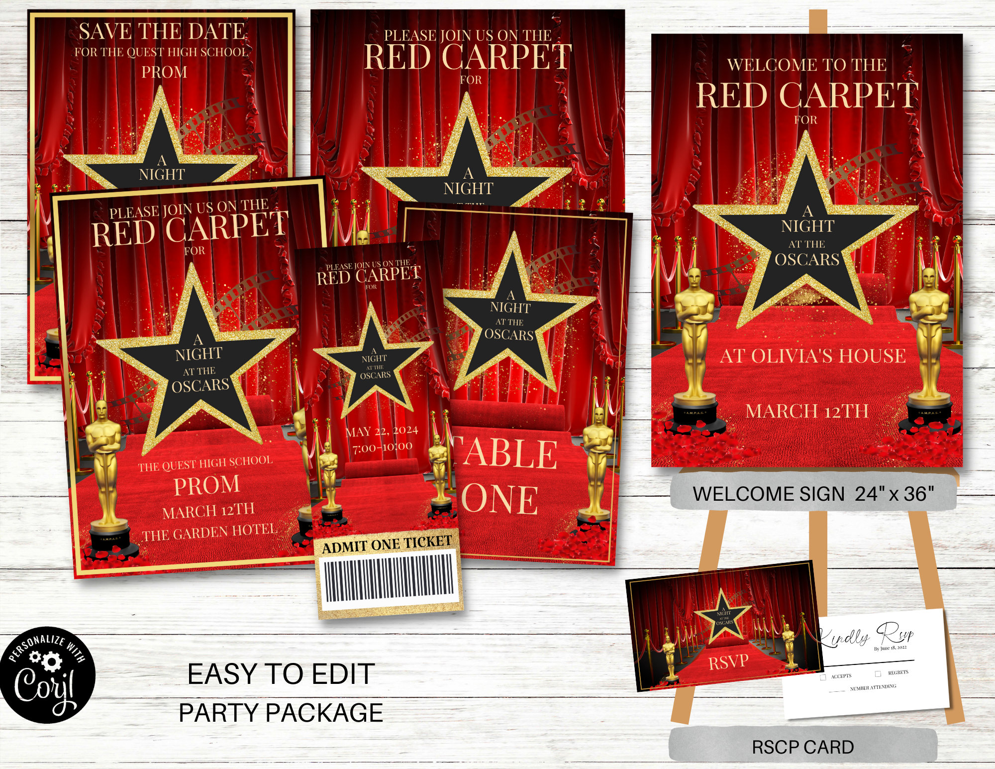 Red Carpet Party Package, Night at the Oscars, Invitation, Welcome Sign ...