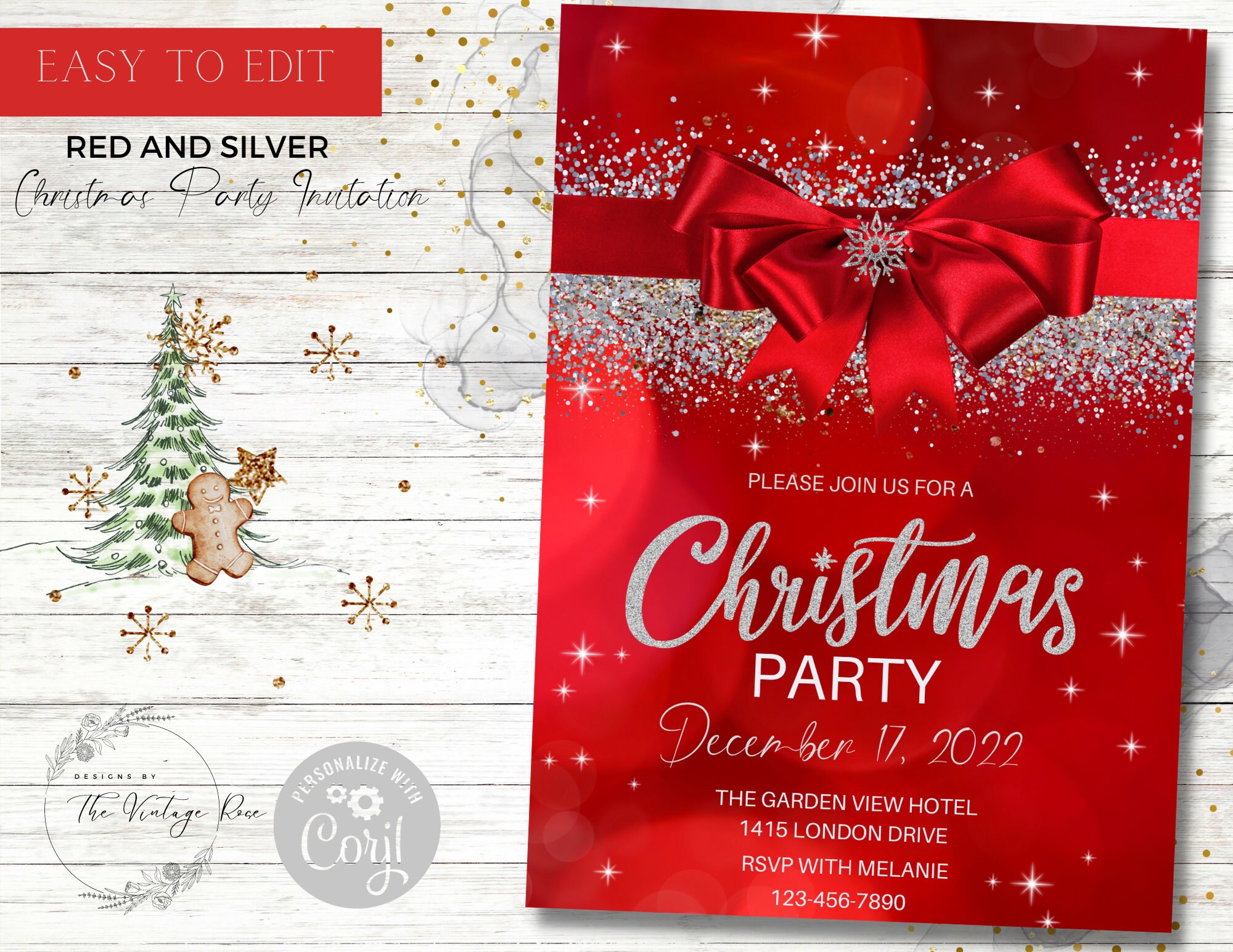 Red and Silver Christmas Party Invitation, Editable, Holiday Invitation ...