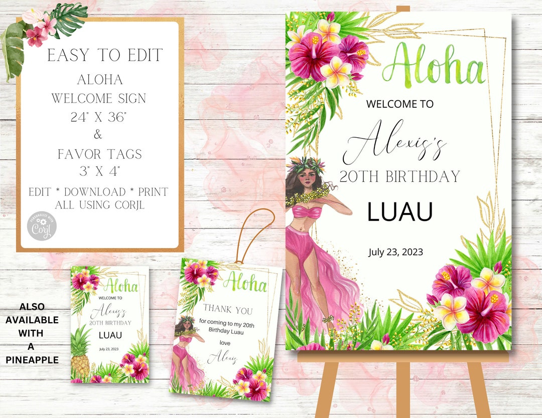 Aloha Welcome Sign and Favor Tags, Luau Sign, Hawaiian, Birthday, 16th ...