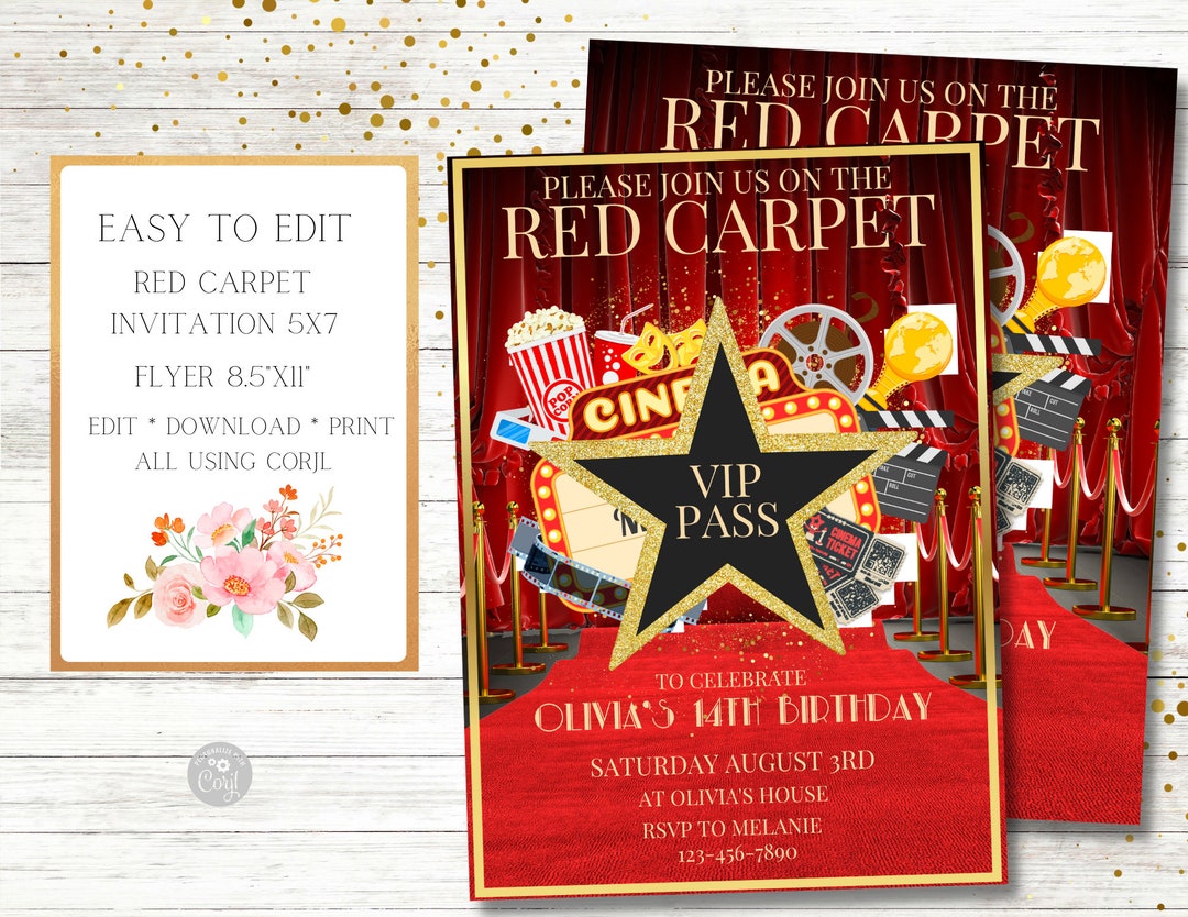 Red Carpet Invitation and Flyer Set/sign Movie Night, VIP Pass ...