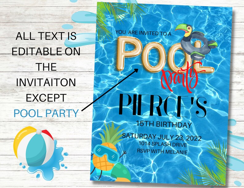 Pool Party Invitation, Editable, Birthday Party, Summer Party, Backyard ...