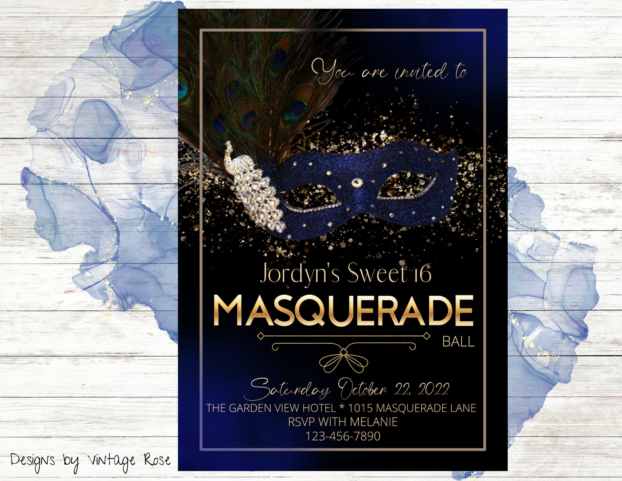 Masquerade Ball Invitation, Save the Date, Peacock Feathers, Royal Blue ...