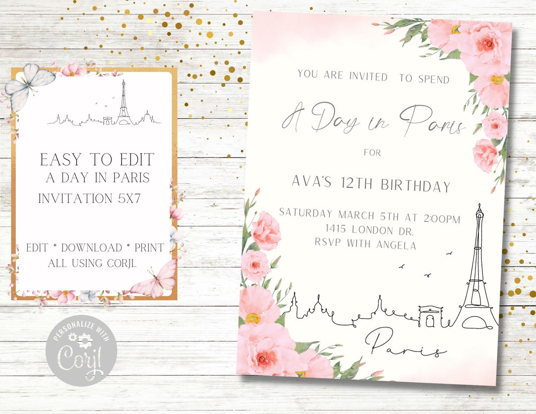 Paris Invitation, French, Birthday Invitation, Parisian, Peach Flowers ...