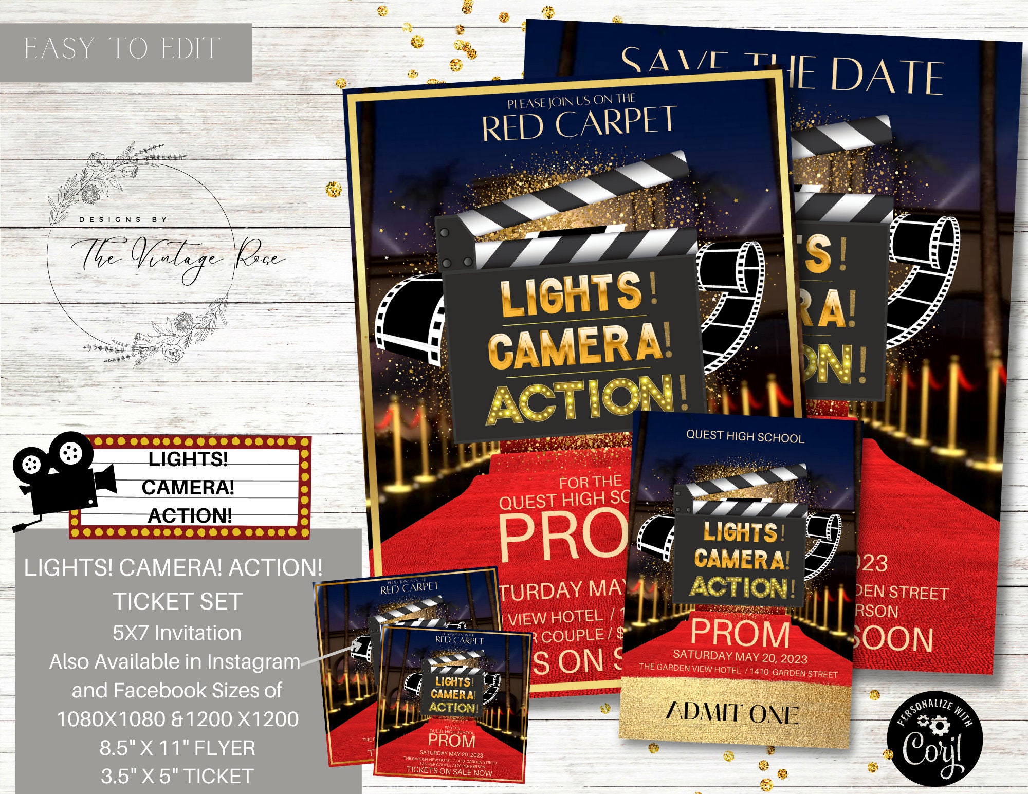 Lights Camera Action Invitation Ticket Set, Red Carpet, Hollywood, Prom ...