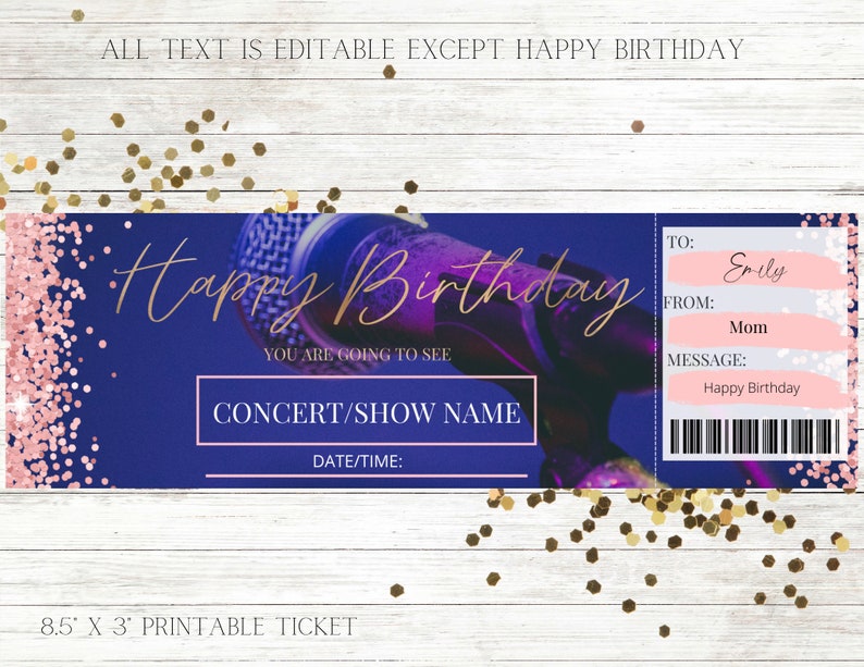 Printable Concert Ticket, Happy Birthday Concert Ticket/ Show Ticket ...