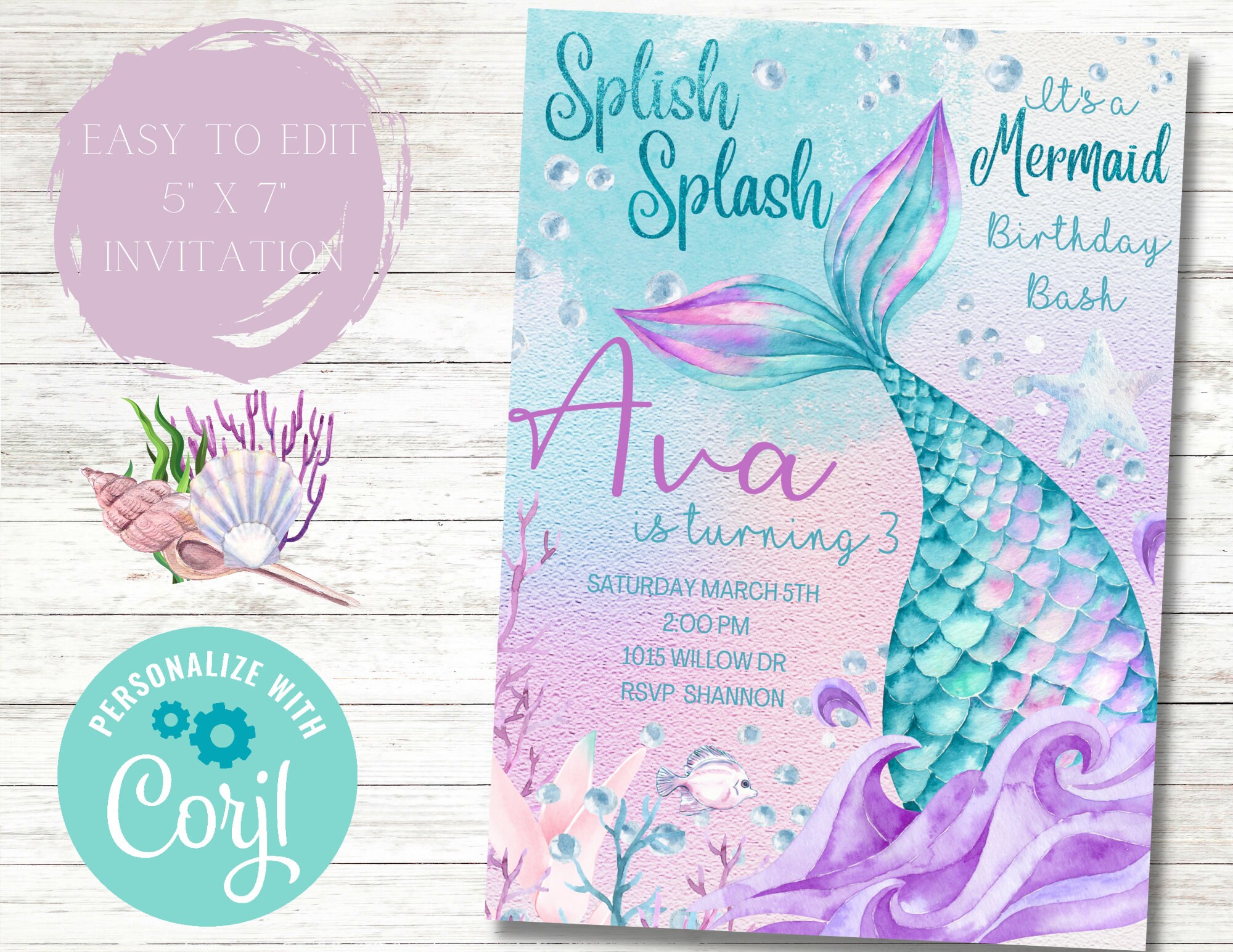 Mermaid Invitation, Editable Mermaid Birthday Invitation, Mermaid Party ...